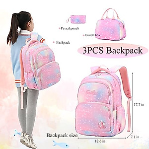 YJMKOI 3PCS Colorful Heart Print Backpack for Girls, Primary Kids Bookbag Set, Purple Backpack with Lunch Box