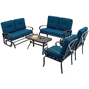Patiomore 5 Pcs (6 Seats) Outdoor Patio Furniture Conversation Sets, Glider, Loveseat and Coffee Table, 2 Lounge Chairs with Cushions (Peacock Blue)