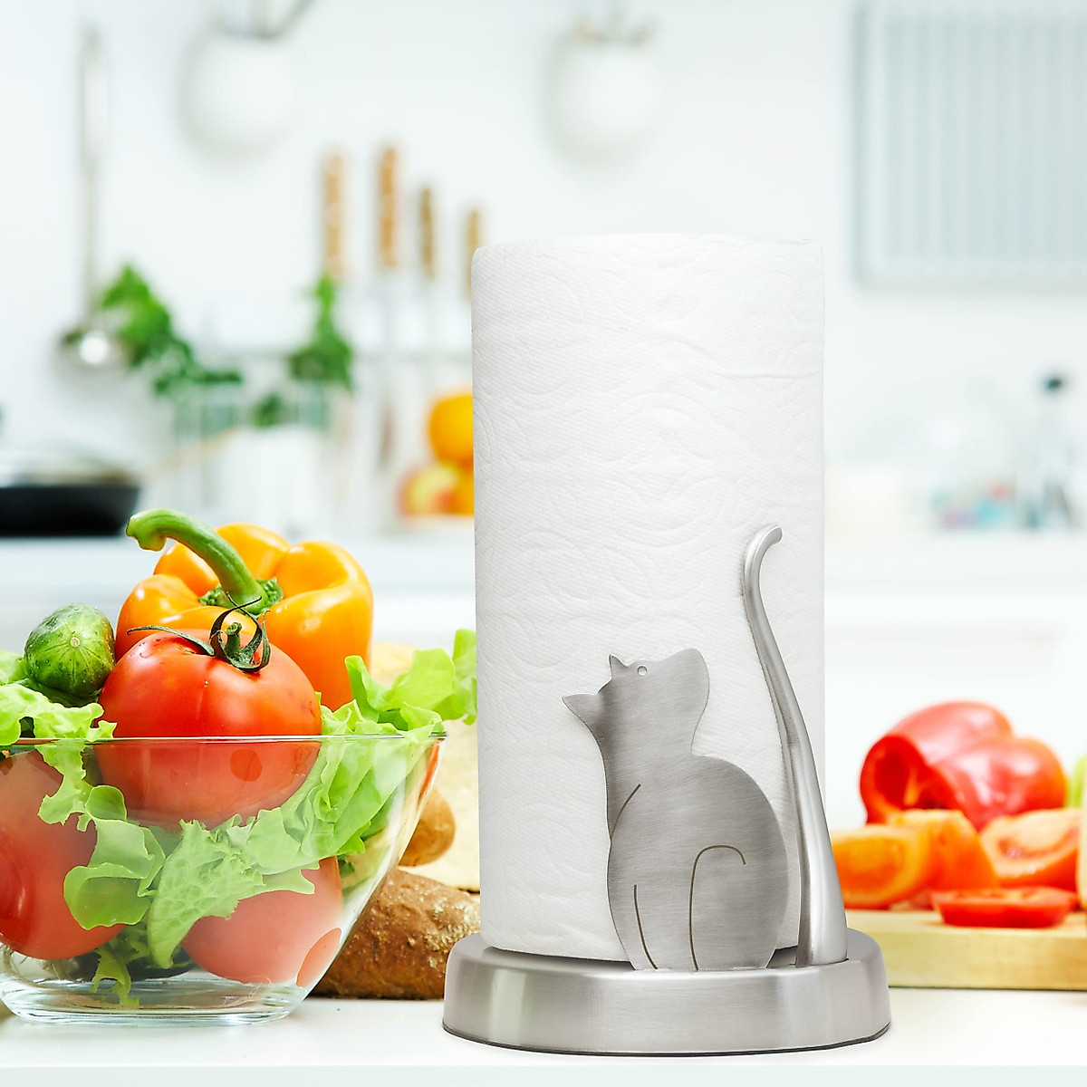 Everyday Solutions Meow Paper Towel Holder - Stainless Steel, Countertop Paper Towel Dispenser - with Tension-Spring for Single Handed Use - Featuring Cute Animal Tail Design - Great for Pet Lovers