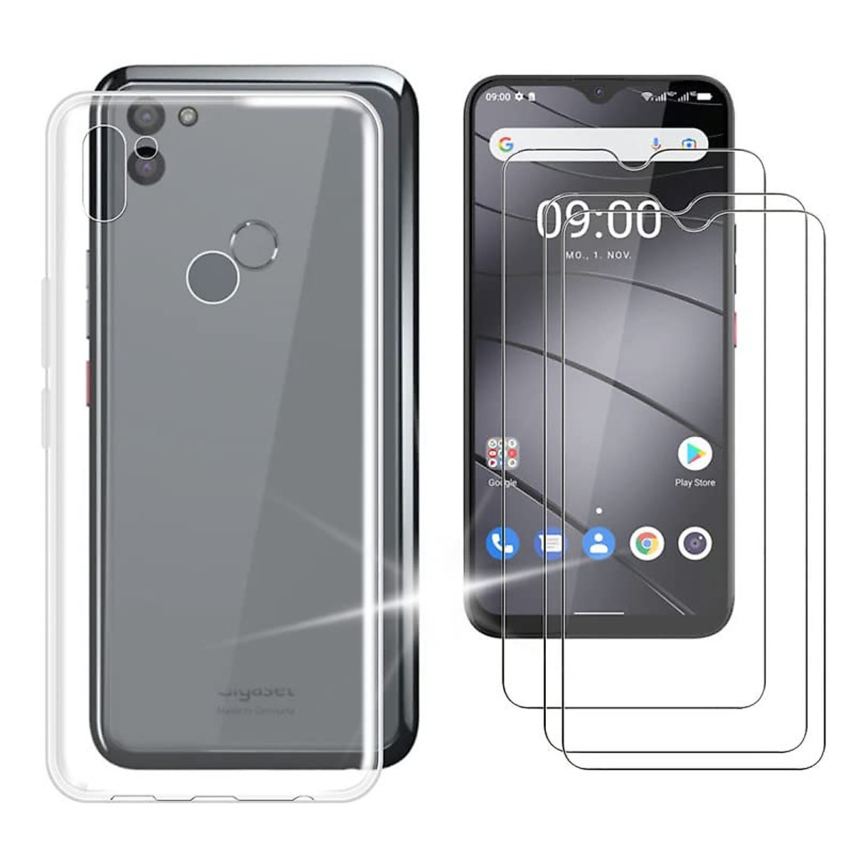 3 Pack Cover for Gigaset GS5 Pro (6.30") Case IJTYHF Soft Silicone Case Bumper Shell +Tempered Glass 9H Screen Protector Protective Film, Transparent Protective TPU Cases