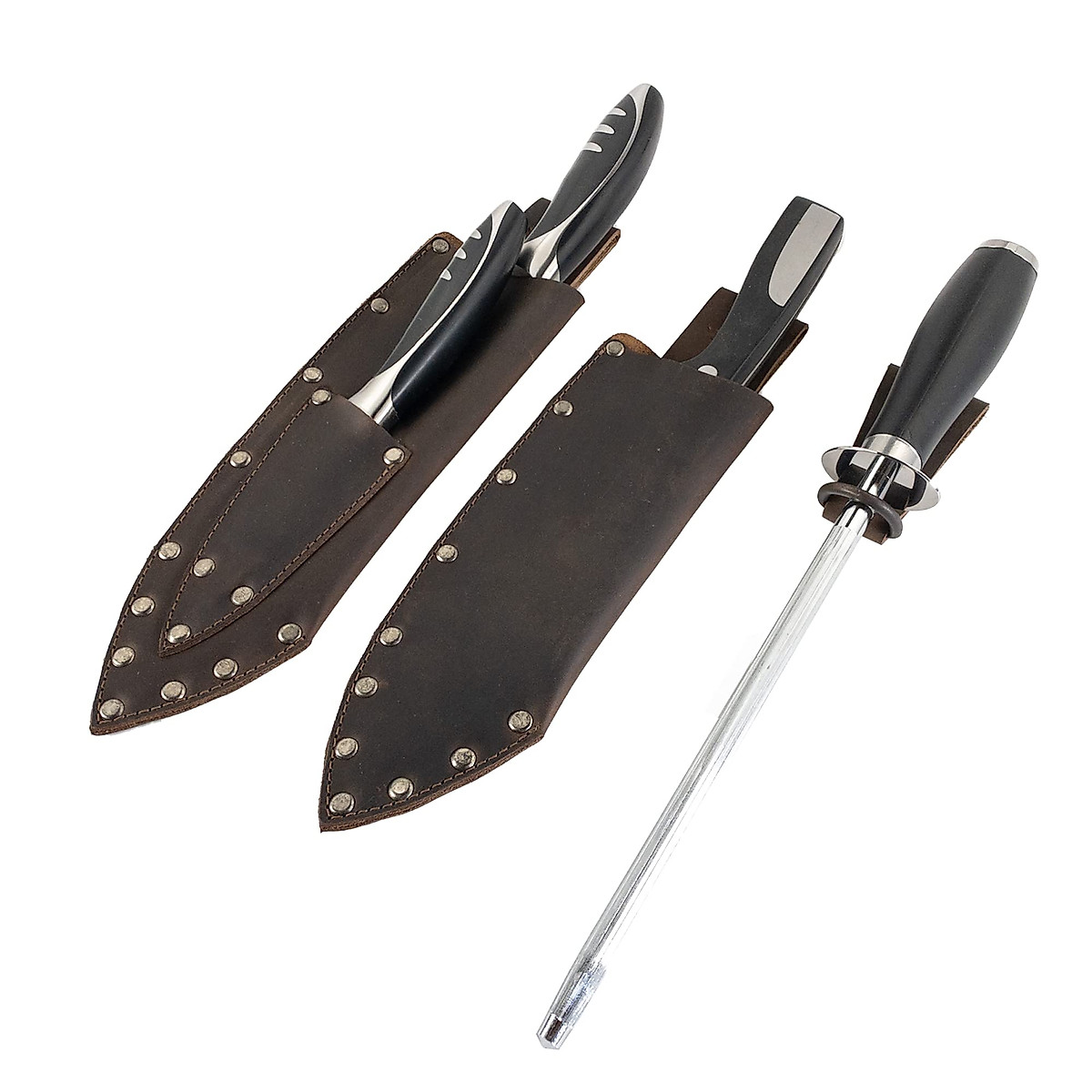 Cast Leather Co., Knife Set Holder 3 Pieces Handmade from Full Grain Leather - Bourbon Brown