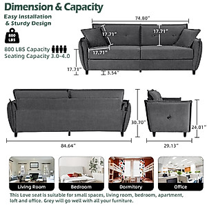 STHOUYN 85” 3 Seat Grey Couch with 2 USB, Modern Comfy Couch Sofa, Large Couches Sofas for Living Room Office, Deep Seat & Low Profile, Chenille Sofa (Grey)