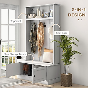 HOMCOM Freestanding Hall Tree, Entryway Bench with Coat Rack, Shoe Cabinet and Top Shelf, Mudroom Bench with Storage and Hooks for Hallway, White