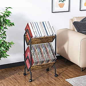 Giikin 2-Tier Vinyl Record Storage Holder, Holds up to 160-200 LPs, Mobile Metal and Wooden Vinyl Record Organizer Stand with Casters, Storage, Protects Vinyl - Organize Albums - Book, Magazine, Files