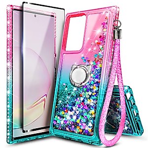 NGB Samsung Galaxy Note 20 Ultra Case with Screen Protector (Maximum Coverage, Flexible TPU Film), Ring Holder, Girls Women Liquid Bling Sparkle Fashion Glitter Clear Cute Case (Pink/Aqua)