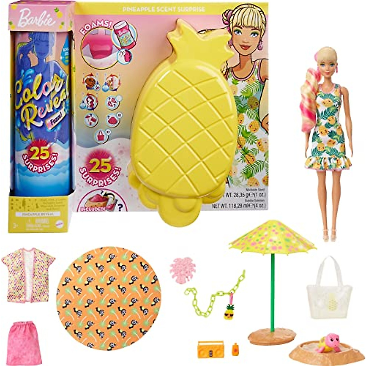 Barbie Color Reveal Foam! Doll & Pet Friend with 25 Surprises: Scented Bubble Solution, Outfits, Hair Extension, Kid Bracelet & Charm Hidden in Sand; Sunny Pineapple-Theme; for Kids 3 Years & Up