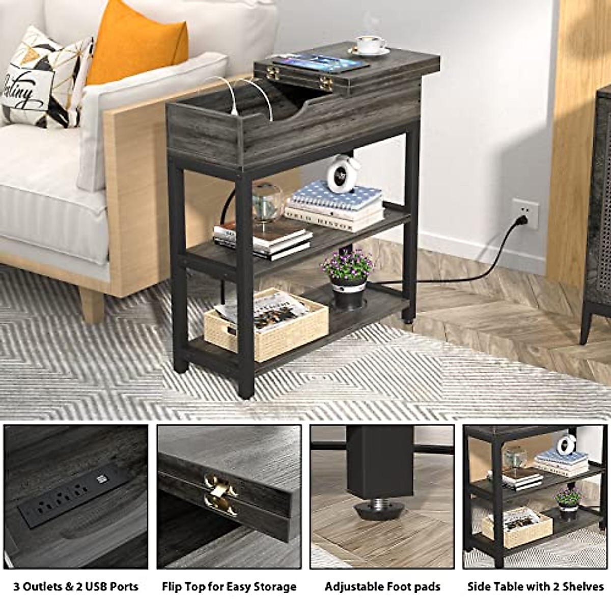 Aheaplus Sofa Side Table with USB Ports and Outlets, Narrow End Table Set of 2 with Charging Station, Bedside Nightstand with Storage Shelves, Slim Side Table，Black Oak