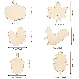 60 Pieces Thanksgiving Unfinished Wooden Ornaments Maple Leaves Pumpkin Wood Cutout Squirrel Acorn Blank Wooden Ornament for Thanksgiving Fall Party DIY Decor Supplies, 6 Styles