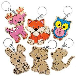 Baker Ross AX182 Woodland Animal Wooden Keyrings - Pack of 10, Color in Woodcraft Kits for Kids Arts and Crafting Activities