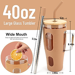Zukro 40 oz Glass Tumbler with Handle and Wide Straw, Drinking Cup With Bamboo Lid For Water, Iced Coffee, Time Marker to Dink, Large Smoothie Cup with Silicone Sleeve, BPA Free, Fit Cupholder, Khaki