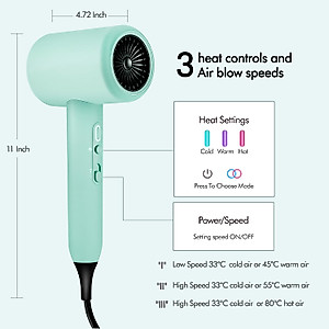FAVIRZCE Hair Dryer, Portable Ionic Blow Dryer with Diffuser and Concentrator Nozzle, Fast Drying without Hair Damage, Low Noise, Lightweight Travel Hair Dryer, 3 Temps, Mint Green