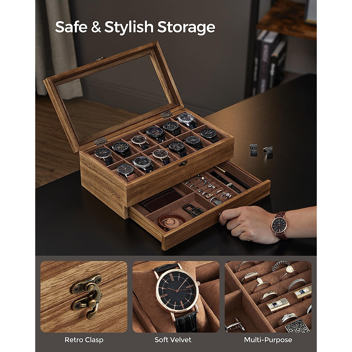 SONGMICS 12-Slot Watch Box, 2-Tier Watch Display Case with Large Glass Lid, Removable Watch Pillows, Velvet Lining, Jewelry Box, Gift Idea, Rustic Walnut UJOW012K01