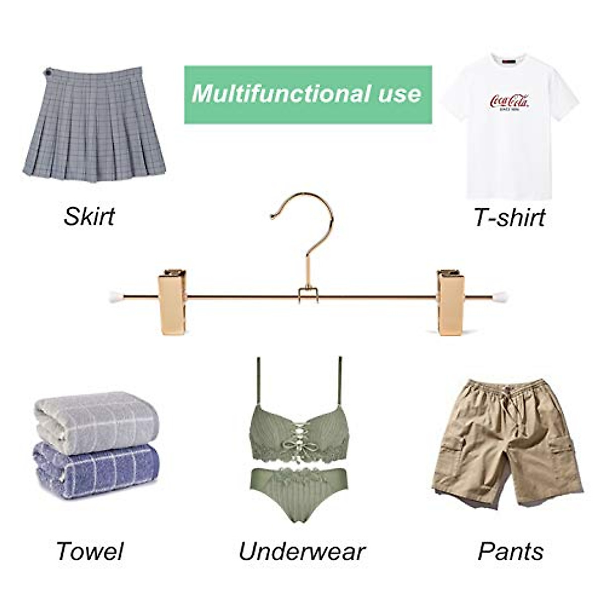 Amber Home 12 Inch Real Rose Gold Metal Pants Skirts Hangers 12 Pack, Sturdy for Slacks Trousers with 2 Adjustable Non Slip Clips and Swivel Hook (12 Pack)