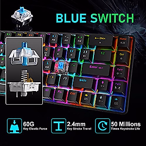 LexonElec T8 60% Mechanical Gaming Keyboard, RGB Backlit Compact Mechanical Keyboard, Blue Switches, Spill Resistant, Customizable Key Macro Function, for PC Gamers and Office Typists (Black)