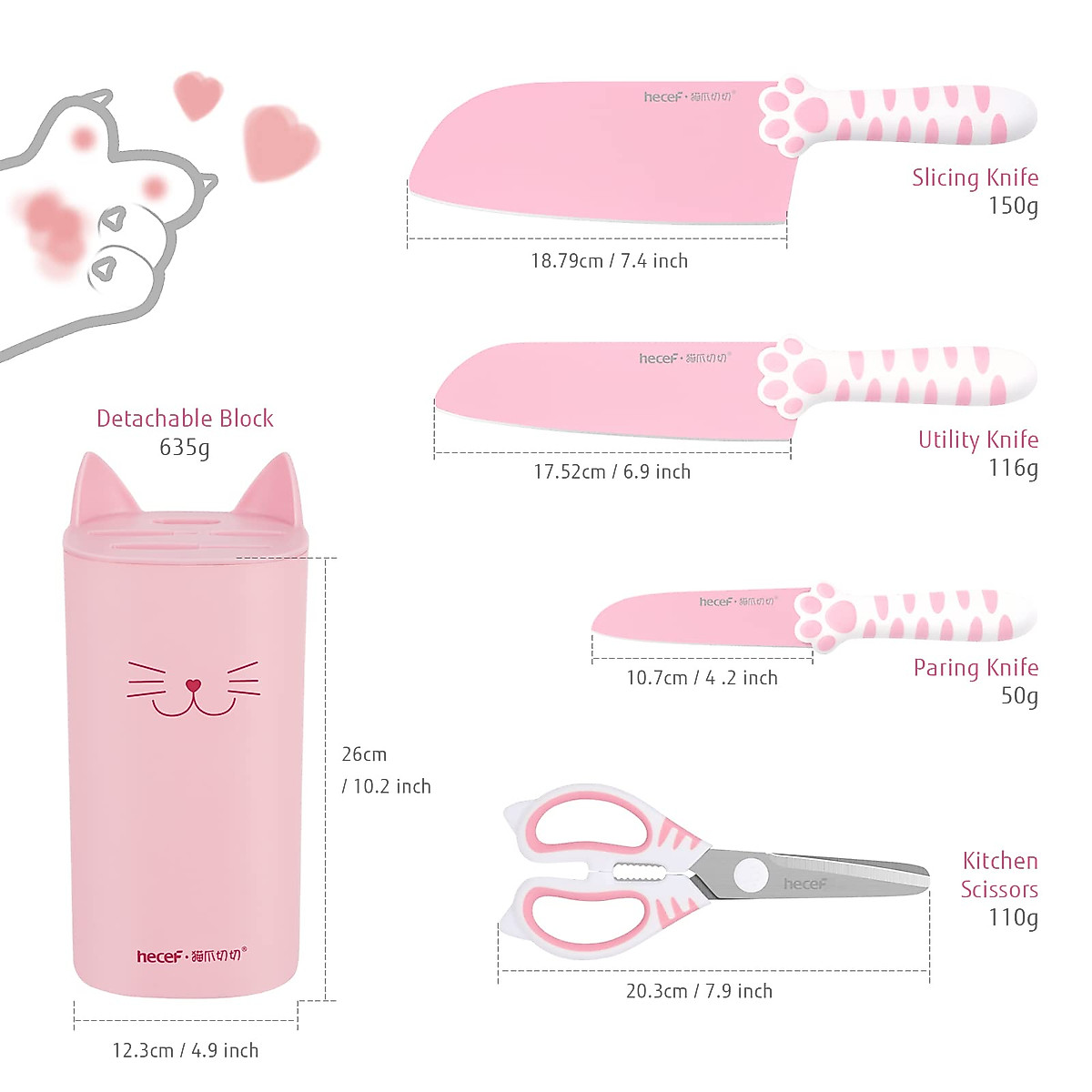 hecef Cute Kitchen Knife Set,5-piece Non-Stcik Knives Set with Detachable Block and Scissors,Sharp Kitchen Knives for Chopping, Slicing, Dicing and Cutting, Gift Housewarming Birthday (Pink)