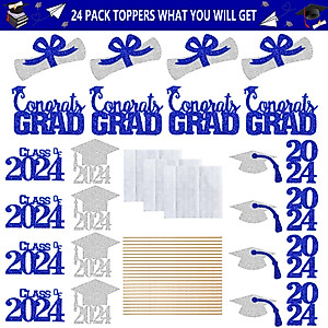 Blue and Silver 2024 Graduation Centerpiece Sticks Graduation Party Centerpieces for Tables 2024, Graduation Table Toppers 2024 Blue Class of 2024 Graduation Table Centerpieces Decorations - 24Pcs