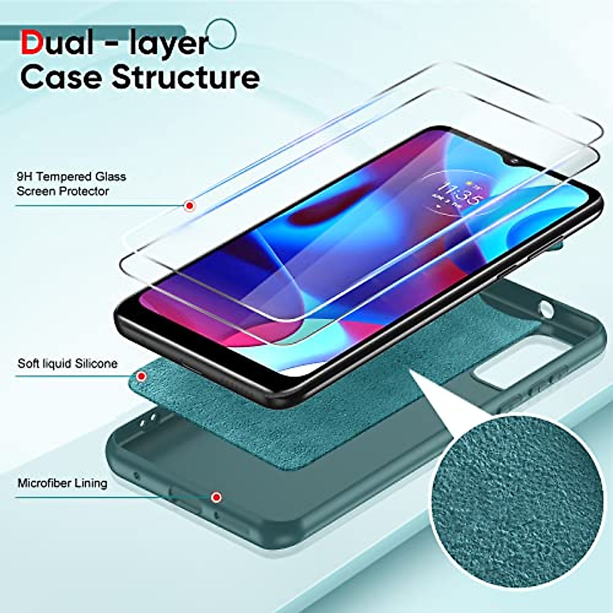 LeYi for Moto G Pure Case, Phone Case Moto G Pure with [2 Pack] Tempered Glass Screen Protector & Camera Lens Protector, Liquid Silicone Slim Silky-Soft Protective Case for Moto G Pure, Green