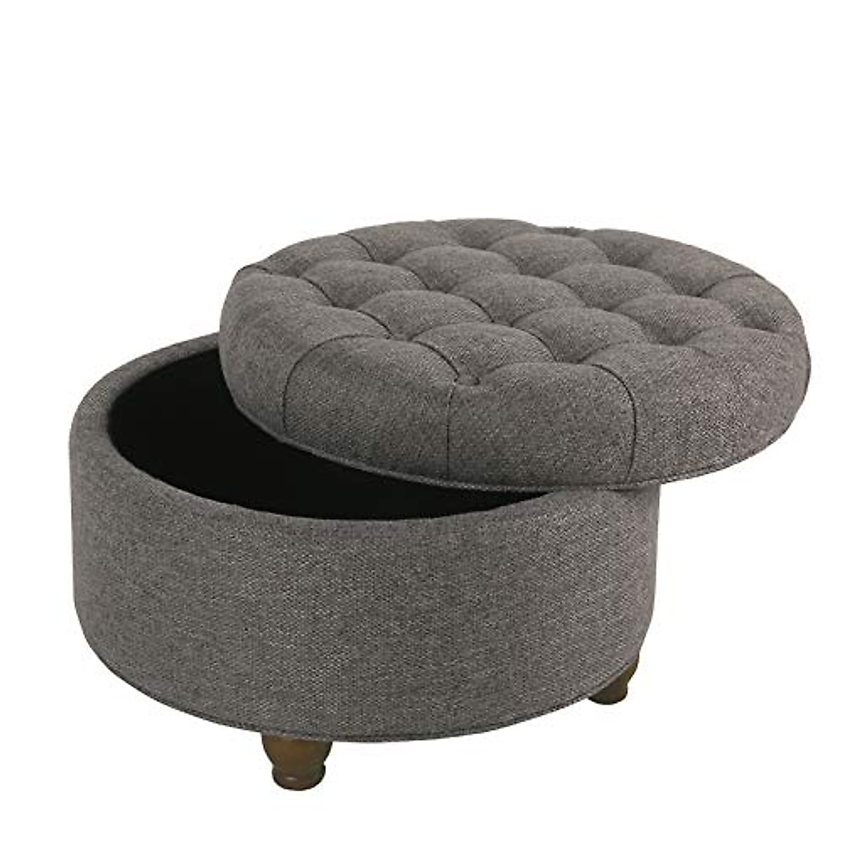 Homepop Home Decor | Large Button Tufted Woven Round Storage Ottoman | Ottoman with Storage for Living Room & Bedroom (Dark Gray)