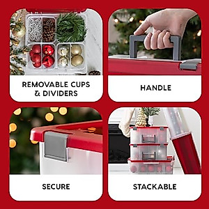 IRIS USA 26.7 Quart Portable Divider Christmas Storage Bin, 4-Compartment Container Tote Box with Removable Dividers for Ornaments Banners Garlands Decorative Cloths Pinecones Puppets, Clear/Red