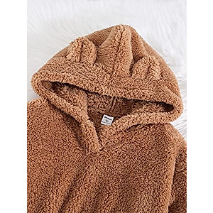 SOLY HUX Girl's Bear Ear Fuzzy Fluffy Drop Shoulder Hoodie Sweatshirt with Sweatpants Two Piece Outfit Pure Brown 10Y