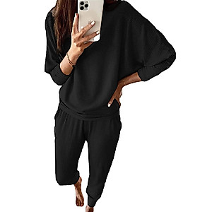 PRETTYGARDEN Women's 2024 Fall Fashion Outfits 2 Piece Sweatsuit Solid Color Long Sleeve Pullover Long Pants (Black,Medium)