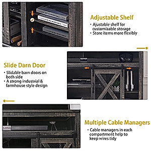 Okvnbjk TV Stand for 65+ Inch TV, Industrial & Farmhouse Entertainment Center with Sliding Barn Door, Rustic TV Console with Storage Shelves, Wood Television Stands for Living Room, Dark Oak