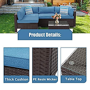 SUNBURY 5-Piece Outdoor Sectional Brown Wicker Sofa, PE Rattan Patio Furniture Set w Blue Cushion, Tempered Glass Table, Weatherproof Cover for Backyard