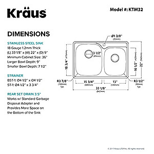 Kraus KTM32 Premier Kitchen Sink Double Bowl, 33.13, Satin