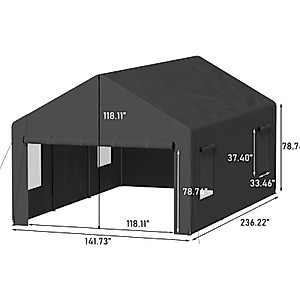 susici Carport 12x20 FT Heavy Duty Car Canopy, Portable Garage with Roll-up Ventilated Windows, Removable Sidewalls,UV Resistant Waterproof All-Season Tarp for for Pickup, Boat,Car,Grey