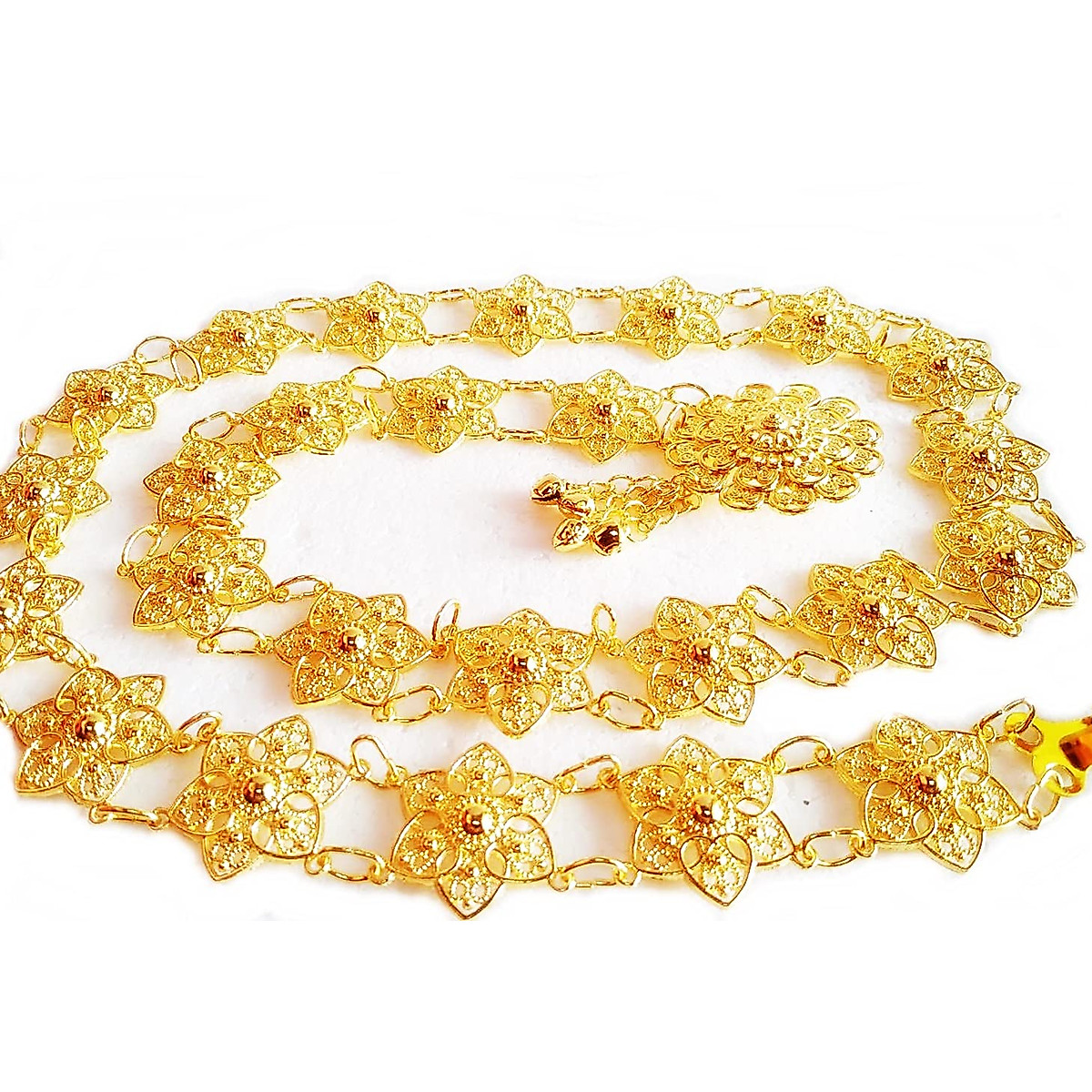 PunPund Belt Thai Gold Plate Star Flower Vintage Women Thailand Costume Wedding Chain Dress Dance Ram Thai 40-41 Inches