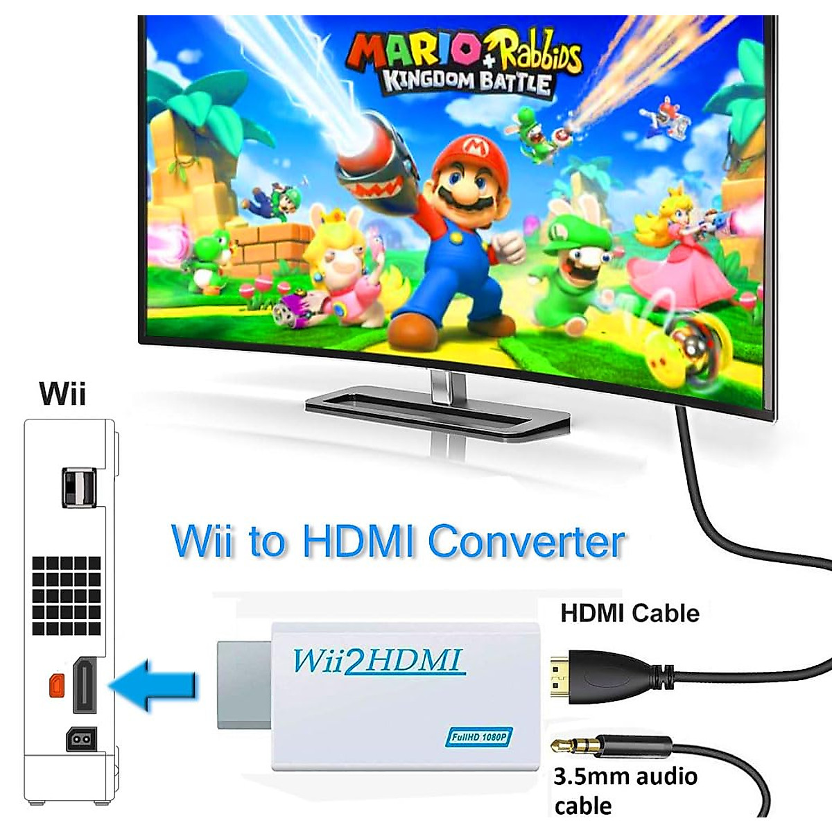 sartyee Wii to HDMI Converter, Wii2 to HDMI for HD Video Audio Output with 3.5mm Audio Jack, Supports All Wii Display Modes 1080P 720P, Wii, Wii U, HDTV, Monitor, NTSC