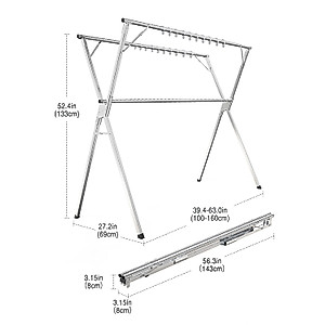 Clothes Drying Rack 63 Inches, Folding Laundry Drying Rack Clothing, Foldable Garment Hanging Drying Rack for Indoor Outdoor, Heavy Duty Collapsible Laundry Hanger Dryer Rack with 20 Windproof Hooks