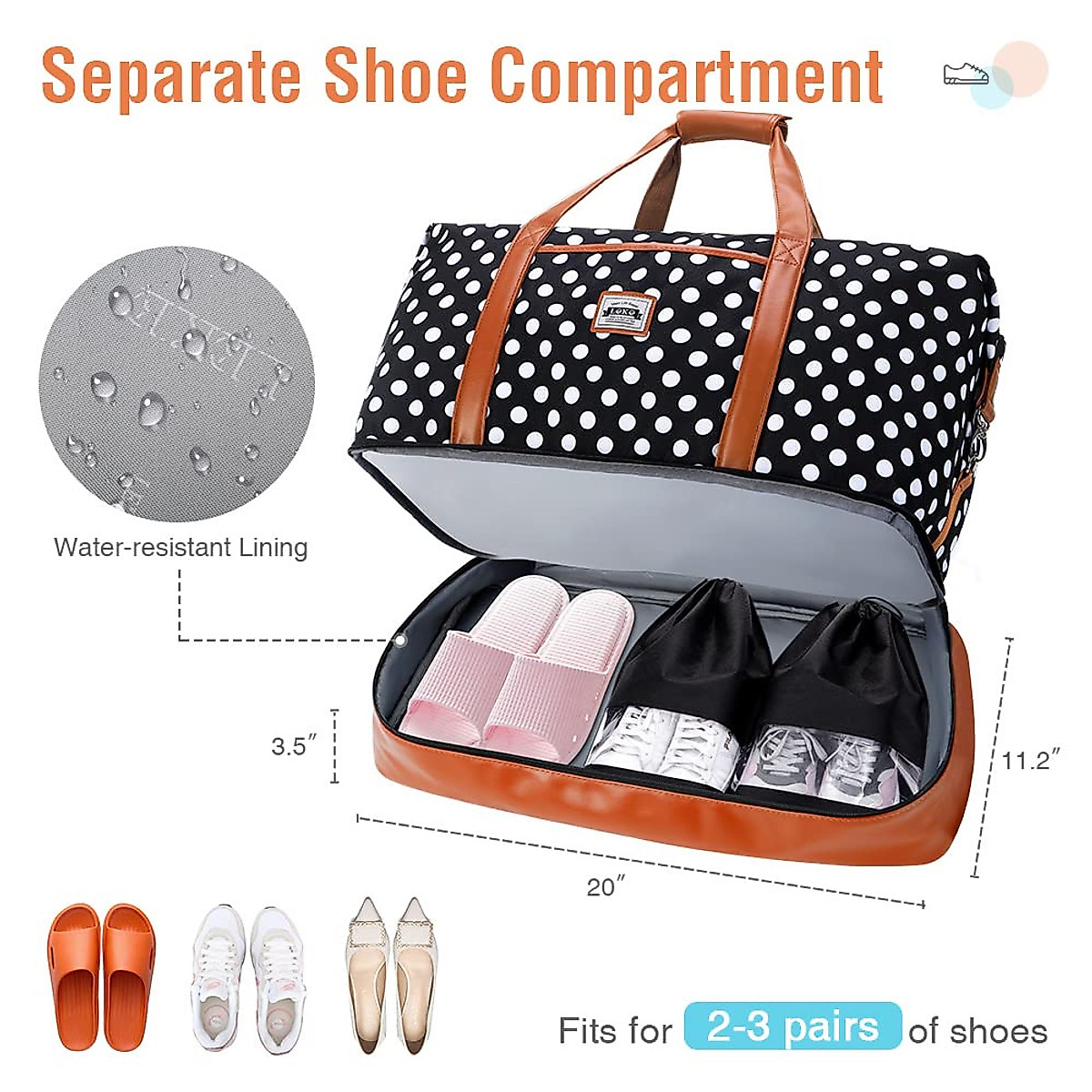 Lekebobor Polka Dot Overnight Bag for Women Weekender Bag with Shoes Bags Shoes Compartment Toiletry Bag,Travel Duffle Bag for Women Large Holdall Travel Weekend Bag 35L White Dots