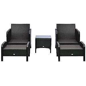 Outsunny 5 Pieces Rattan Wicker Lounge Chair Outdoor Patio Conversation Set with 2 Cushioned Chairs, 2 Ottomans and Tempered Glass Top Coffee Table, Blue