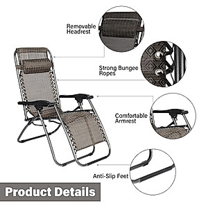 LUCKYERMORE Adjustable Textilene Zero Gravity Chairs Set of 2, Diamond Design Outdoor Folding Reclining Lounge Chair with Pillow, Hold up to 300 LBS, Patio Recliners for Pool Beach, Grey and Brown