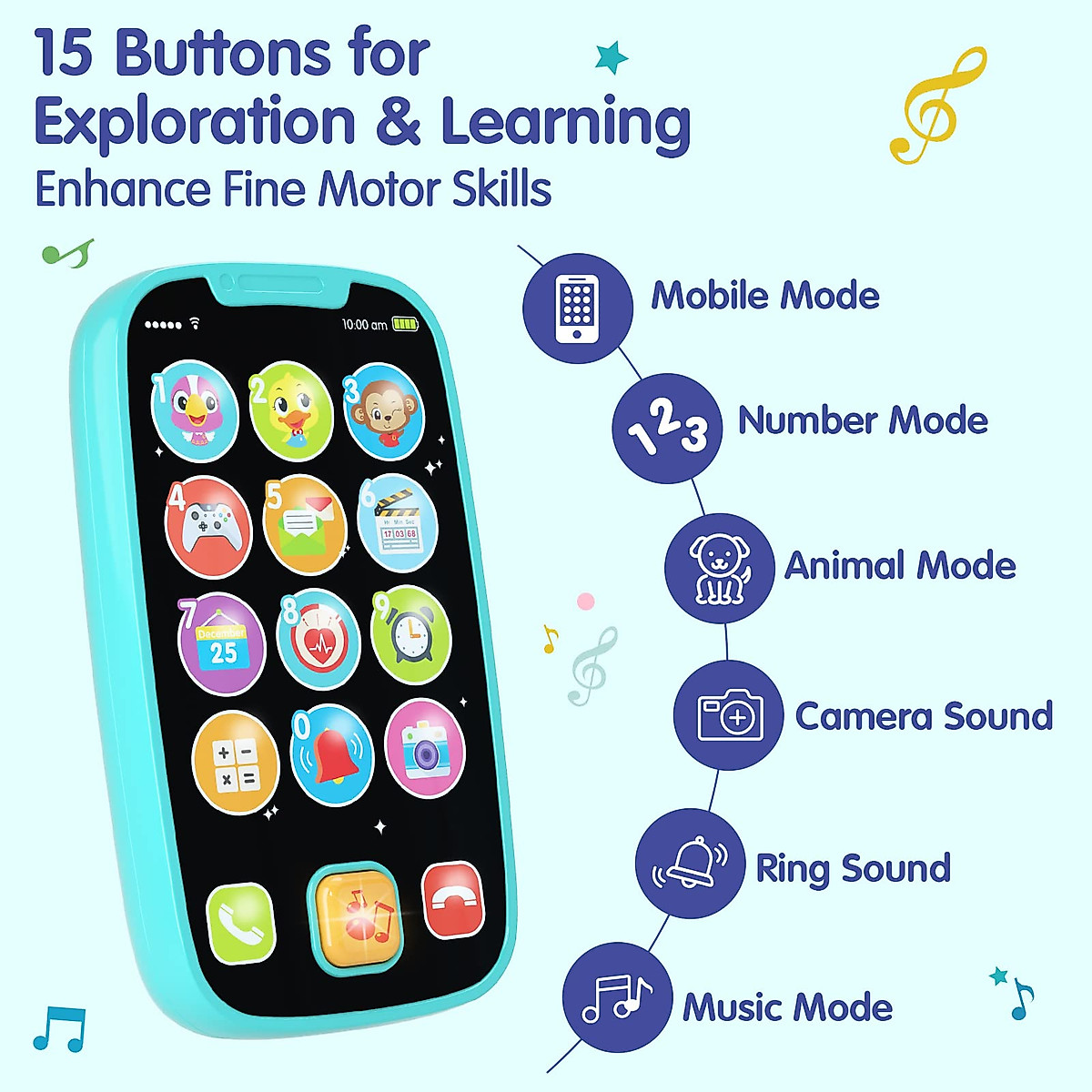 Toys for 1 Year Old Boy Toys, 15 Functions Phone Baby Toys 6-12 Months, Baby Cell Phone Toy 12-18 Months, Learning Toys for Toddlers 1-3, Easter Basket Stuffers - Cyan