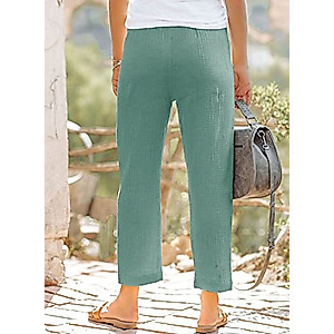 Dokotoo 2023 Fashion Spring Summer Wide Leg Work Linen Pants for Women Ladies Solid High Drawstring Waist Jogging Jogger Beach Pants with Side Pockets Green XL