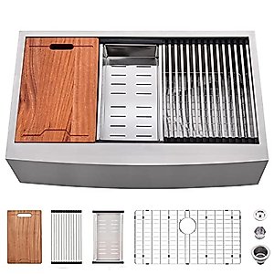 33Inch Farmhouse Sink Workstation Stainless Steel -VOKIM 33"x22" Farmhouse Apron Front Workstation Kitchen Sink 16 Gauge Stainless Steel Single Bowl Farm Sink