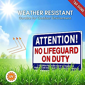 T&R No Lifeguard On Duty Sign, Pool Sign - 2 Pack - 14"x10" .040 Rust Free Heavy Aluminum, Reflective, Waterproof, Weatherproof and Fade Resistant, 4 pre-drilled holes, Easy to Mount