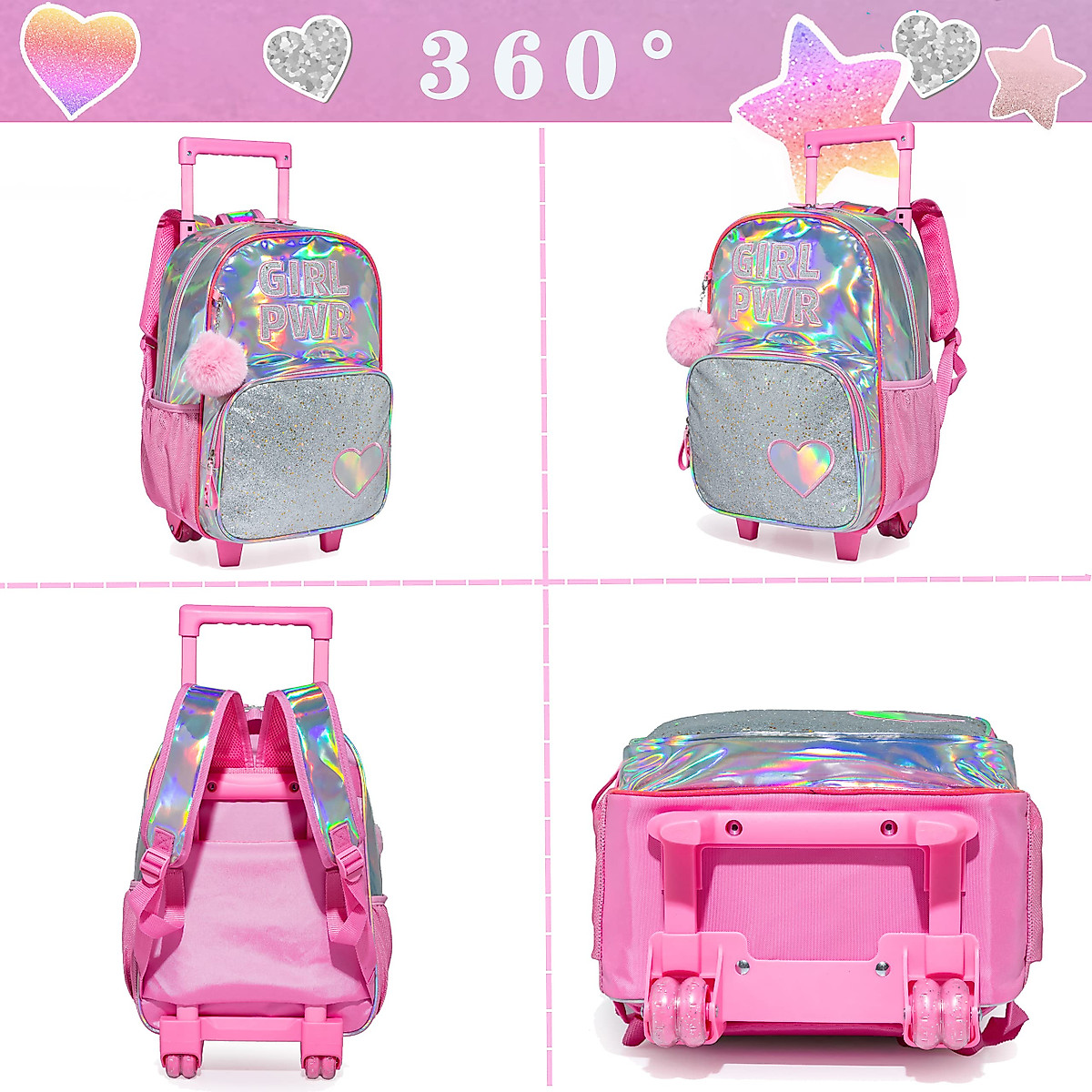 HTgroce 3PCS Pink Rolling Backpack for Girls, Sequin Backpack Wheels for Girls, Girls Rolling Bookbag, Suitcase Wheeled School Bag Set for Kindergarten Elementary School