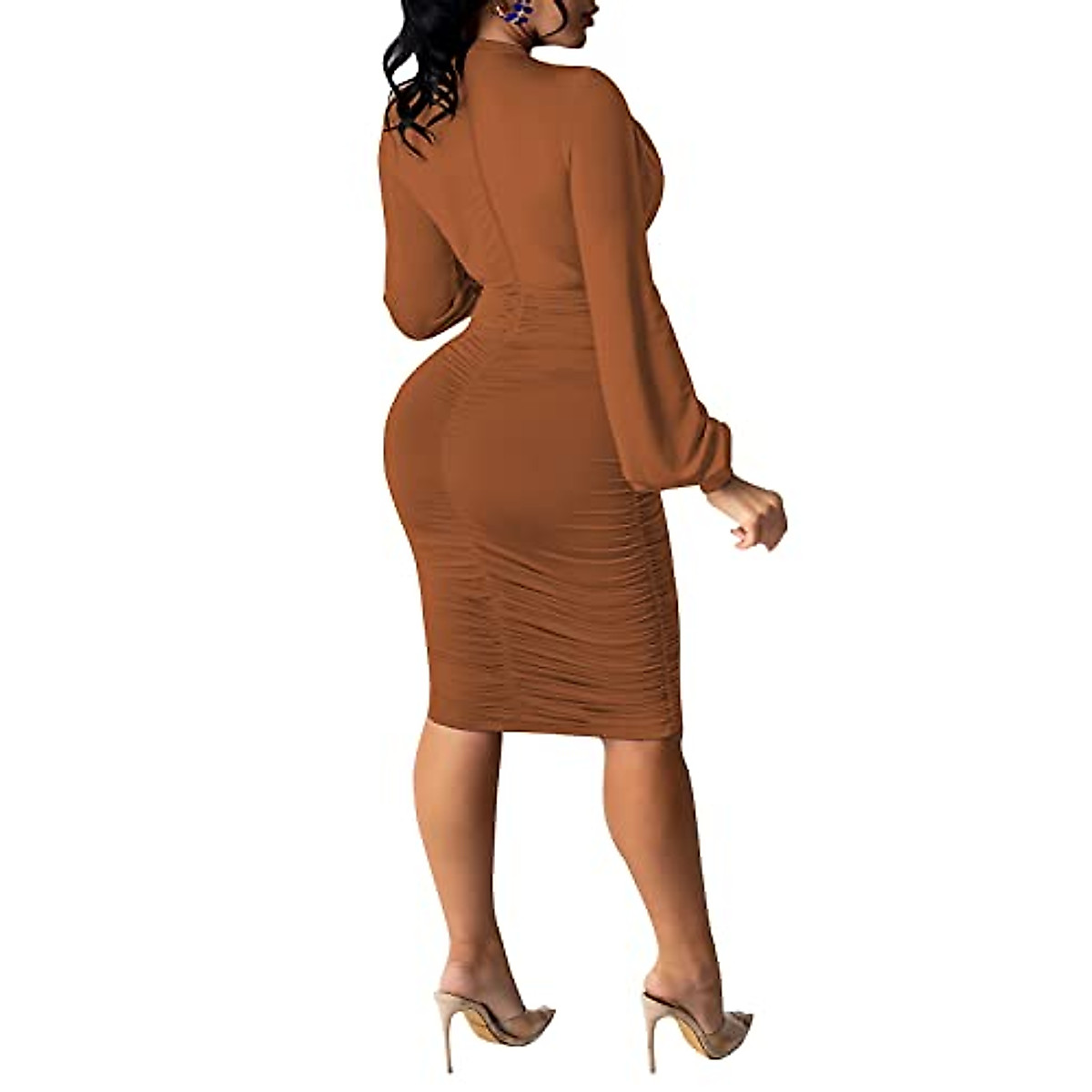 Women's Sexy Deep V Neck Dress Long Sleeve Ruched Bodycon Midi Club Dresses Brown-a Large