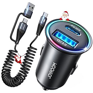 JOYROOM USB C Car Charger,【USB A/C to USB-C Coiled Cable】60W Super Fast Car Phone Charger 【Mini & All Metal】iPhone Car Charger Adapter for iPhone 15/14/13/12/11 Pro/11/X, Note 9/20 Galaxy S23/S10/S9