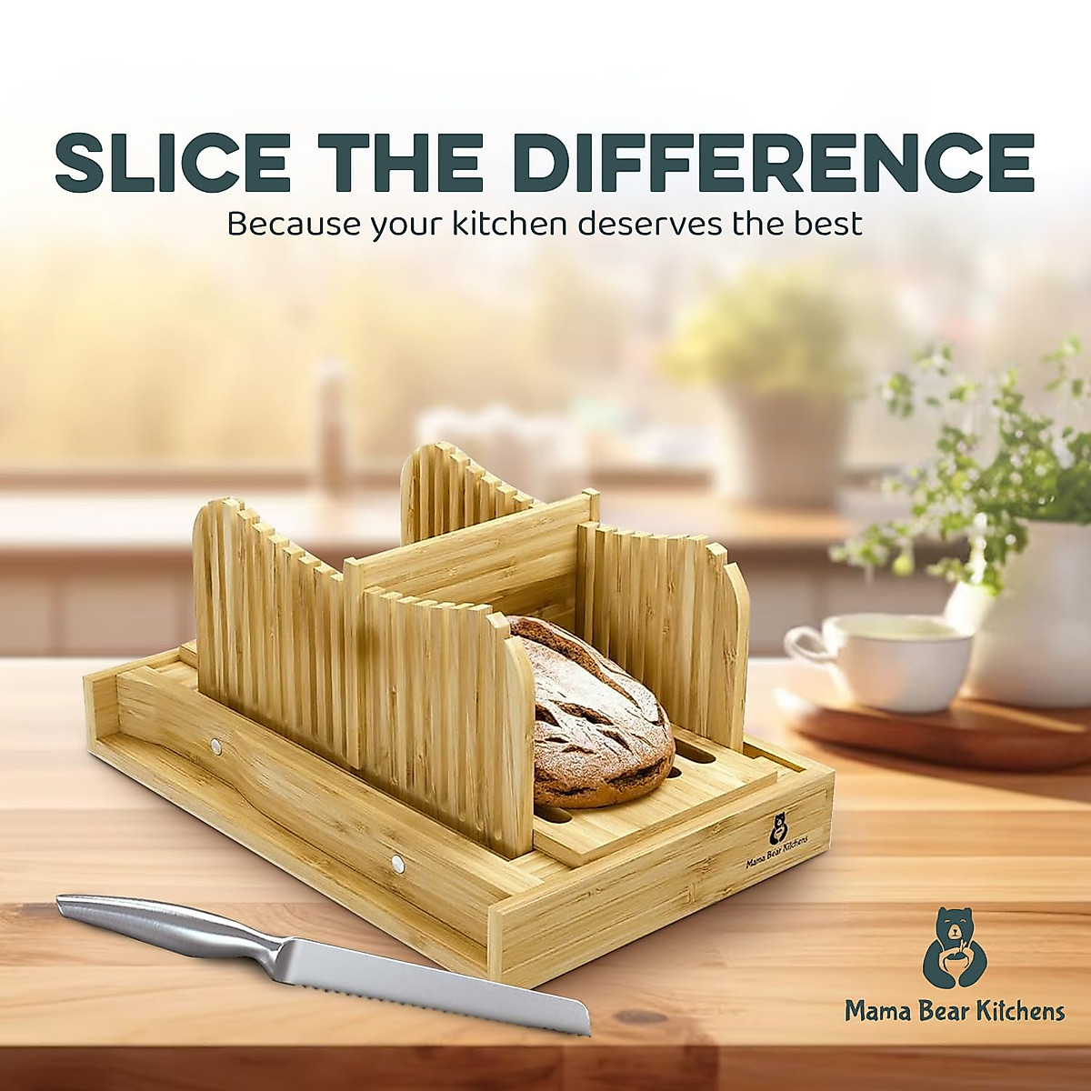 Mama Bear Kitchens Bamboo Bread Slicer with Knife - Adjustable & Durable Bread Loaf Slicer with Crumb Tray & Foldable Bread Cutter Guide - Easy to Clean & Store Bread Slicer for Homemade Bread