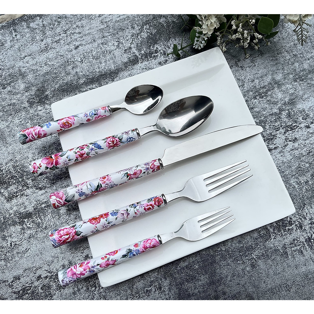 Elegant Peony Flower 20-Piece Flatware Set, Service for 4, Stainless Steel Cutlery Silverware Set for Home Wedding