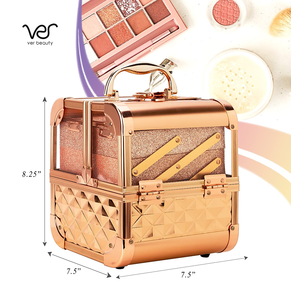 Ver Beauty Makeup Box Cosmetic Train Case with Clear Armored Acrylic Jewelry Organizer with 2 Tiers Trays and Mirror Lockable Portable Travel Cosmetic Display Aluminum Case (Rose Gold Diamond)