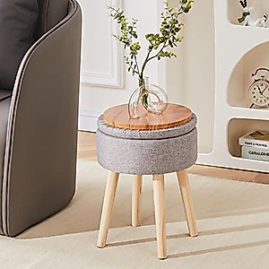 Mxfurhawa Storage Ottoman Linen Round Vanity Stool Tray Top Modern Foot Stool with Wood Legs Multifunctional Upholstered Foot Ottoman Rest for Living Room, Bathroom, Makeup (Grey)