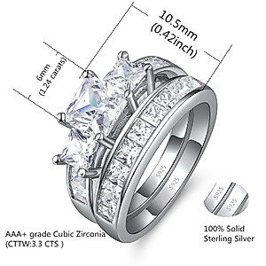 MABELLA Sterling Silver Ring for Women - 3 Stone CZ Princess Cut Engagement Ring - Cute Silver Wedding Ring Bands for Women - Bridal Womens Ring Set - Unique Gift for Her - 2 Pcs - Size 6