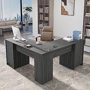 MU L Shaped Desk with File Cabinet, Corner Computer Desk with Storage Drawers, Large Home Office Table with Power Outlets, Executive Office Desk, Grey, 60 Inch