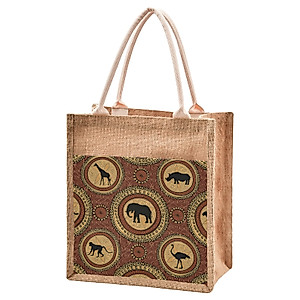 Sinestour African Ethnic Jute Tote Bag Jute Gift Bags with Handle Burlap Tote Bag with Canvas Pocket Beach Tote Bag