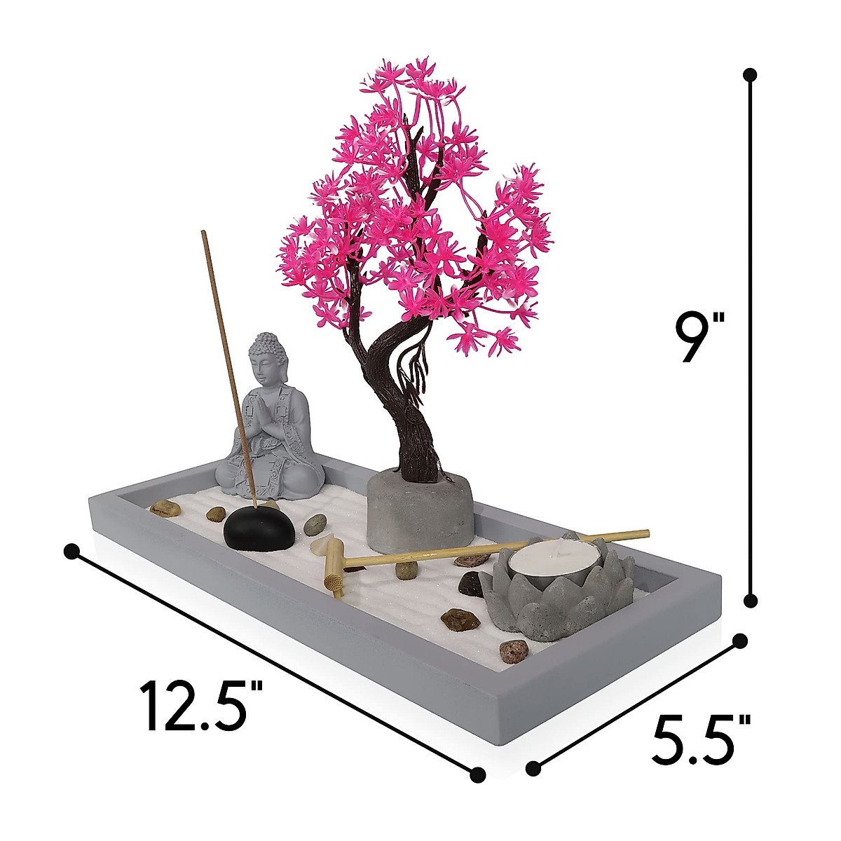 Zen Garden Incense Holder with a Mini Buddha Statue and a Tealight Candle Holder - Beautiful Zen Garden for Desk, Meditation Gifts, Zen Decor, and Japanese Art